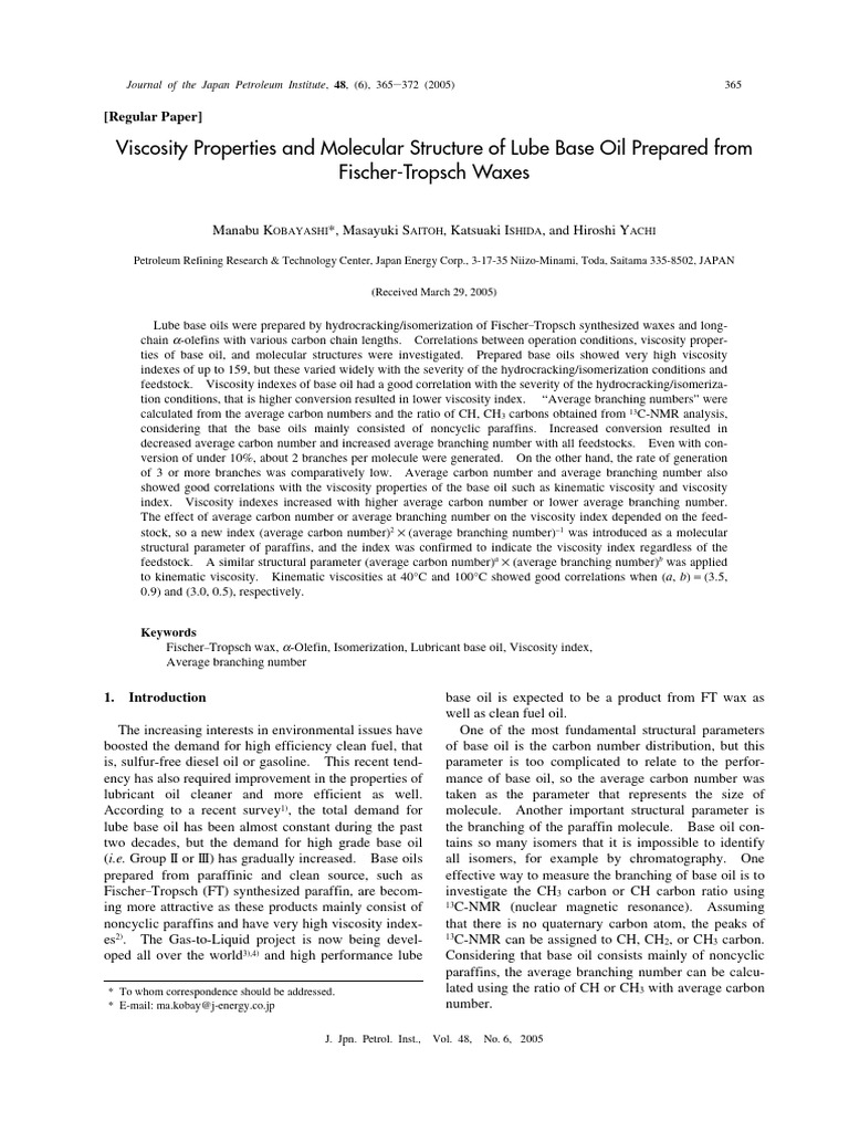 Viscosity Properties and Molecular Structure of Lube Base Oil Prepared ...