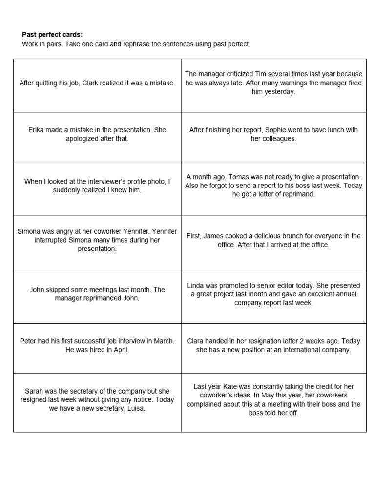 Grammar - Past Perfect Cards | PDF