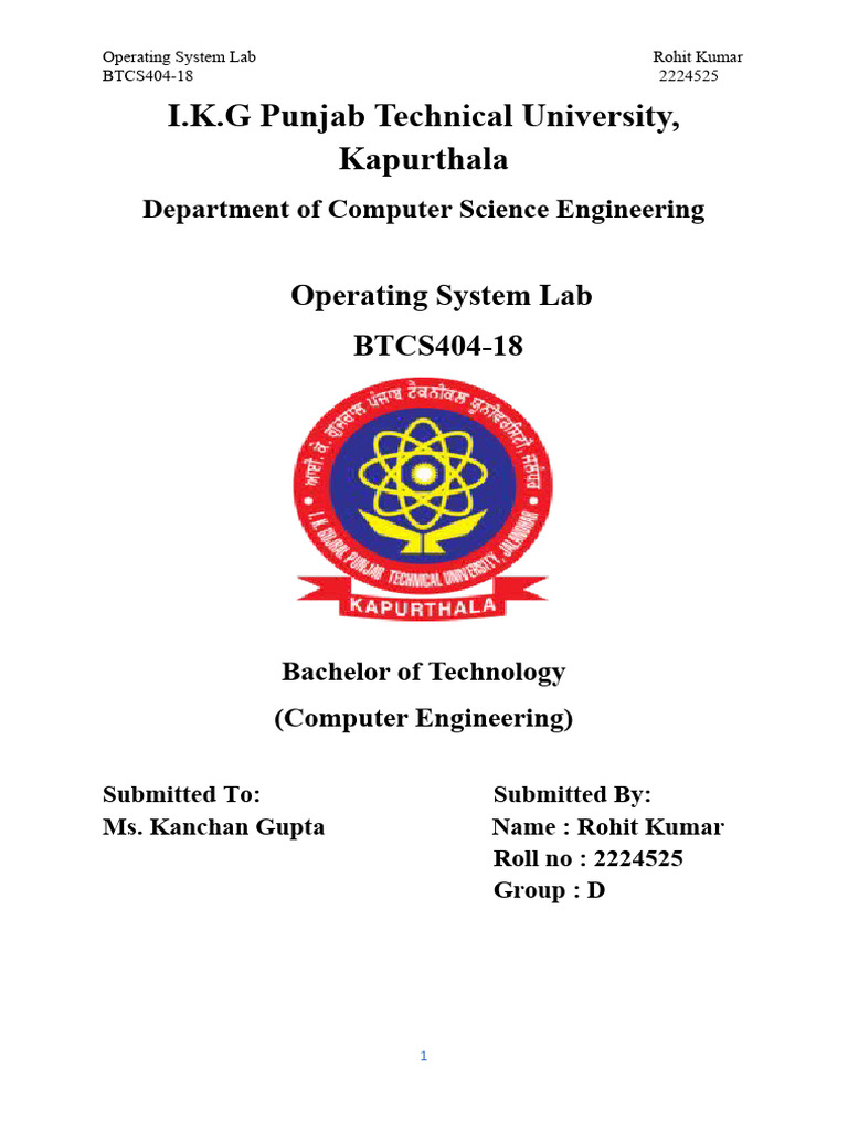 I.K.G Punjab Technical University, Kapurthala: Operating System Lab BTCS404-18 | Download Free ...