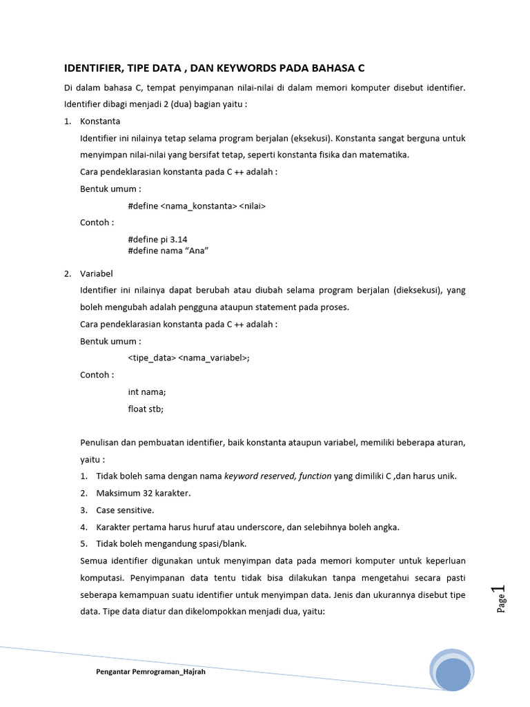 Identifier, Keywords Dan Tipe Data Pada Bahasa C | PDF