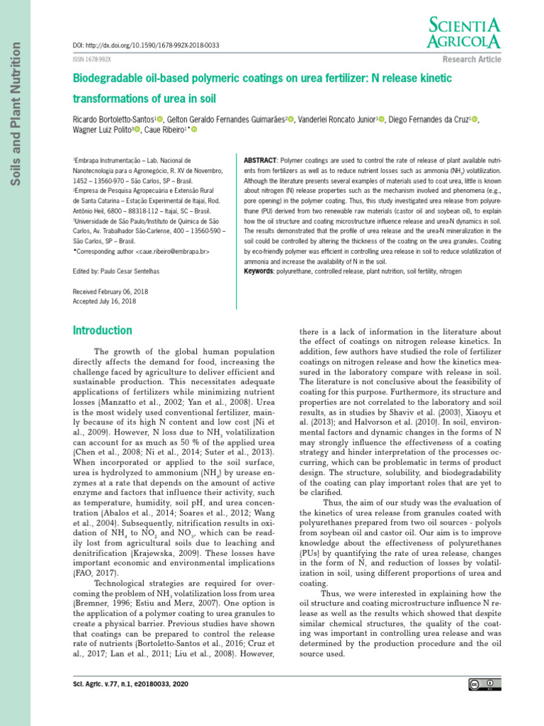 Biodegradable Oil Based Polymeric Coatings On Urea Fertilizer N Release ...
