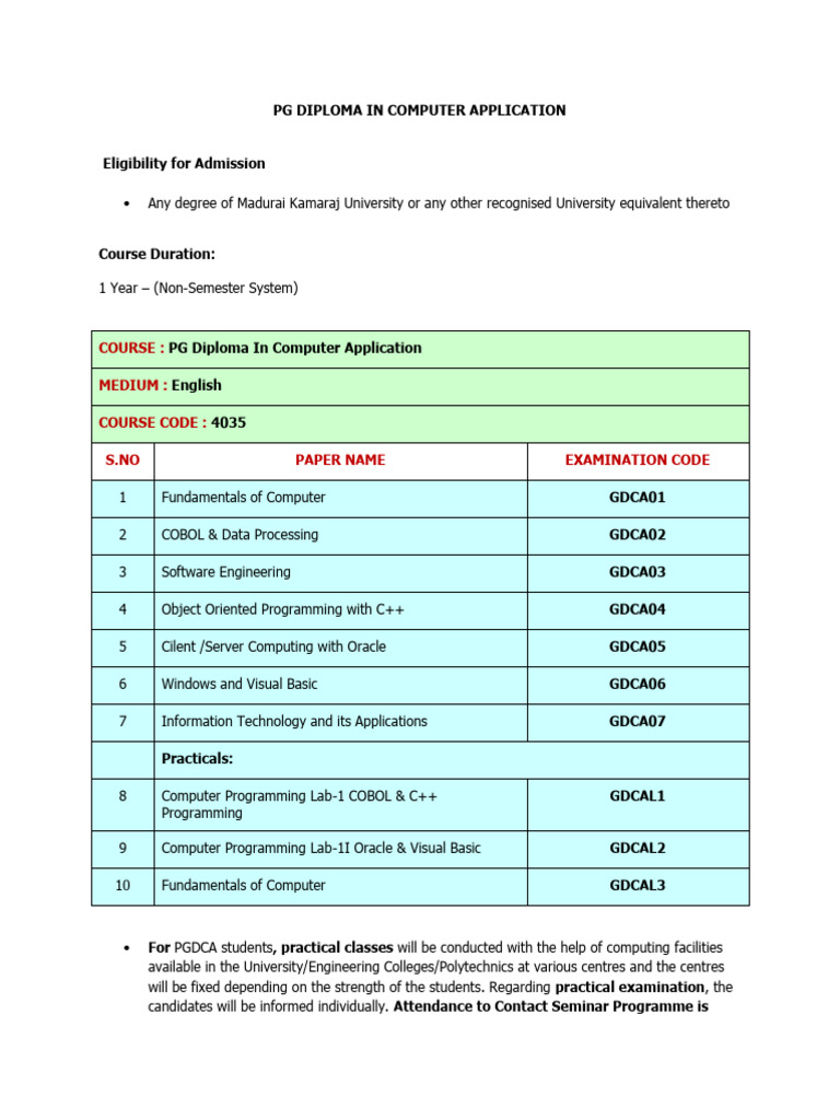PG Diploma - Computer Application | PDF | Business | Computers