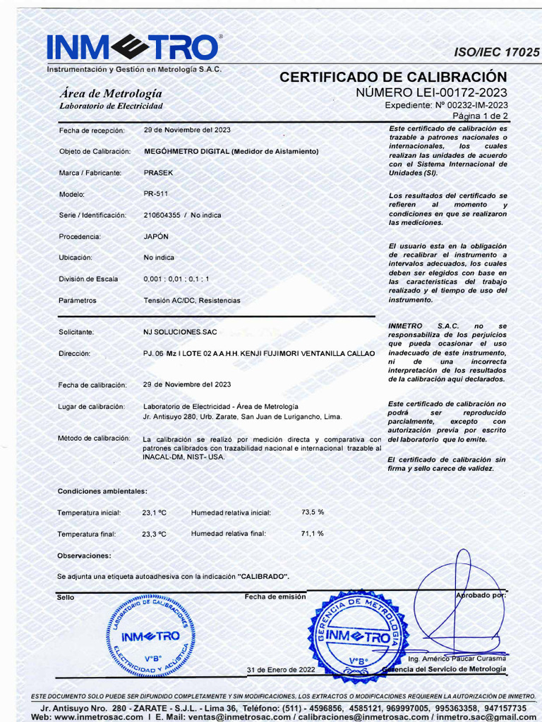 Certificado de Calibracion Megometro | Descargar gratis PDF | Calibración | Metrología