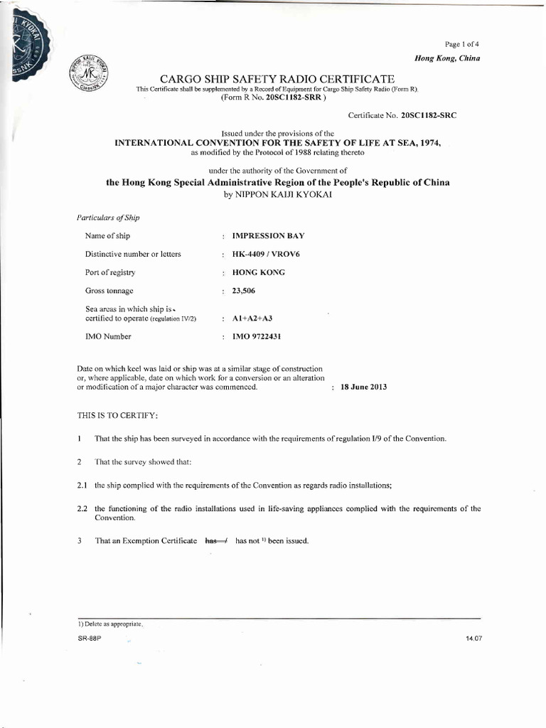 1.14 Cargo Ship Safety Radio Cert. | PDF | Shipping