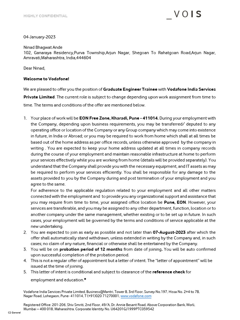 Vodafone Offer Letter for Ninad Bhagwat | PDF | Taxes | Payroll Tax