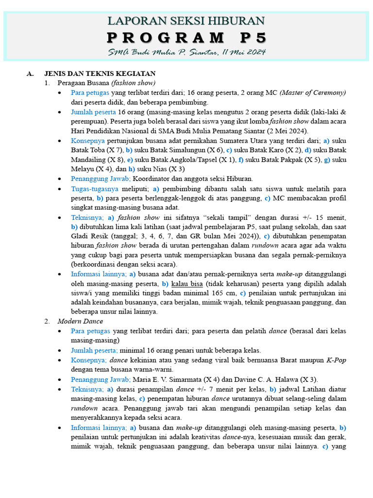 Laporan Seksi Hiburan P5 Tahun 2024 | PDF