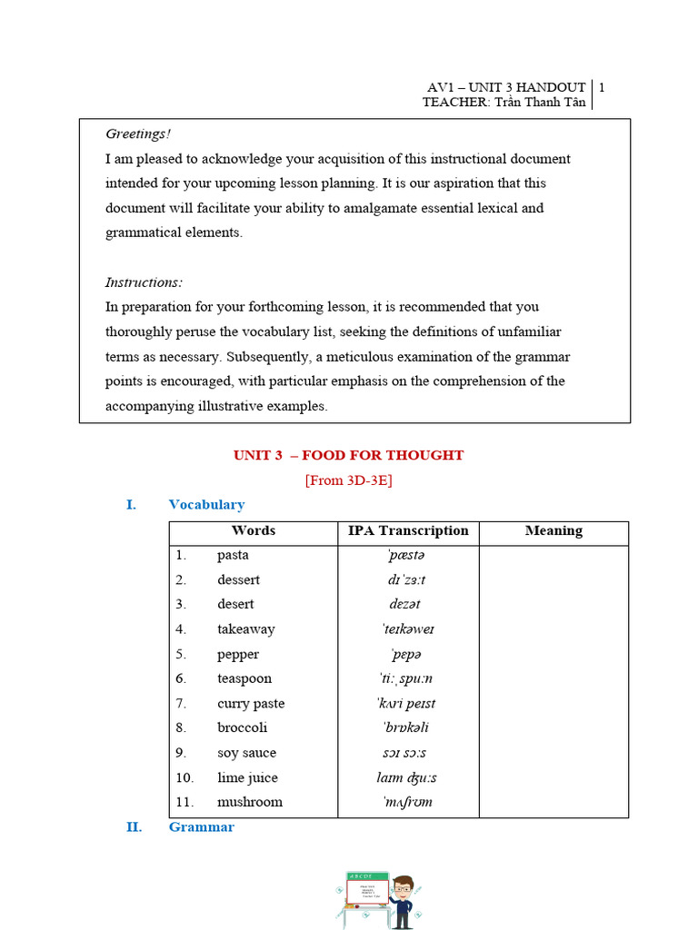 Handout - Unit 3 - 3D-3E | PDF | Foods | Food And Drink