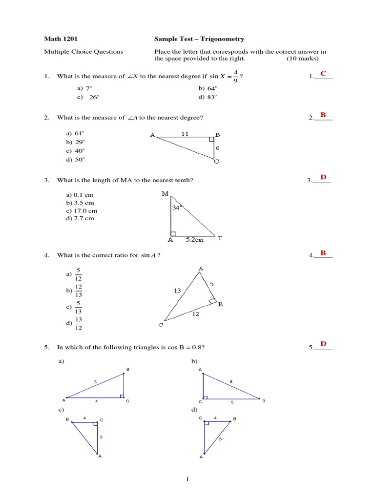 Math 1201 Trigonometry Sample Test Answers | PDF | Trigonometry | Triangle