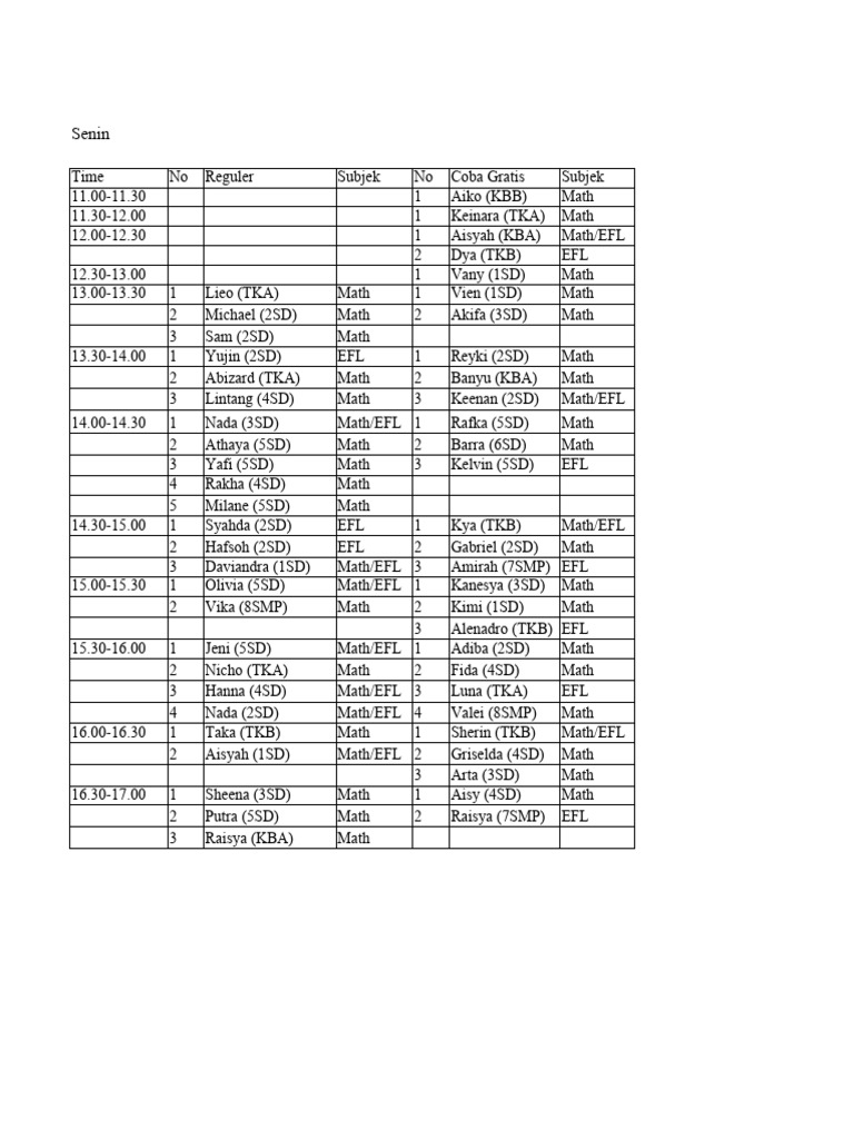Weekly Math and EFL Class Schedule | PDF