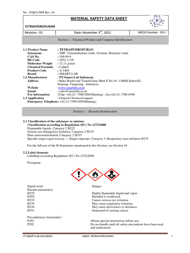 MSDS Tetrahydrofuran | PDF | Toxicity | Personal Protective Equipment