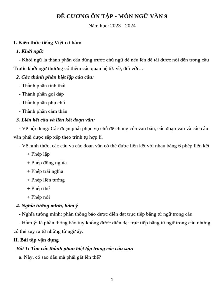 De Cuong On Tap Van 9 Hkii 2024 Ff06d | PDF