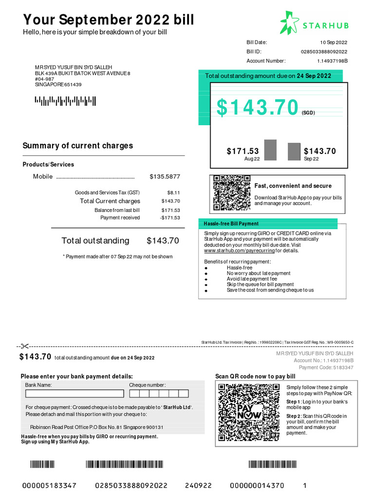 StarHub Invoice Summary for Sep 2022 | PDF | Payments | Cheque