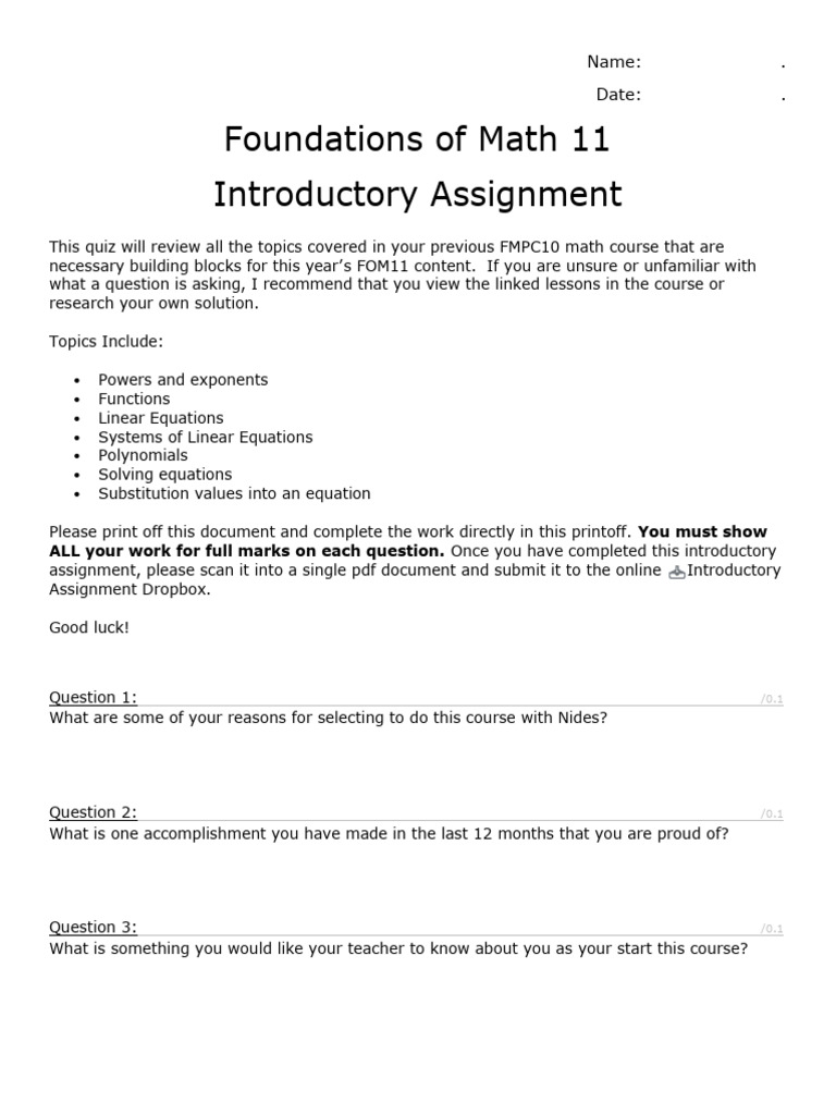 FOM11IntroductoryAssignment Name 4 | PDF | Equations | Polynomial