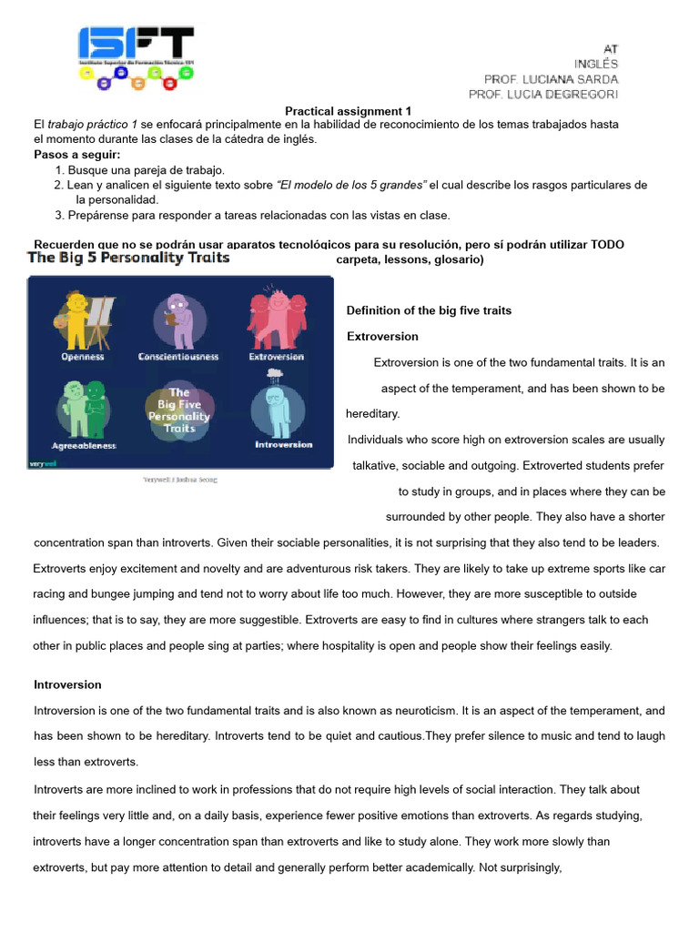 TP 1 Reading - The Big 5 Personality Traits | PDF | Extraversion And ...