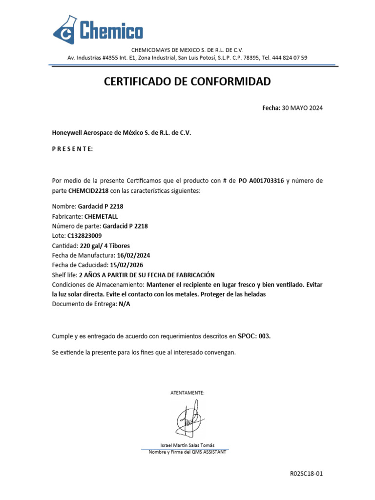 Certificado de Conformidad - Gardacid P 2218 | PDF