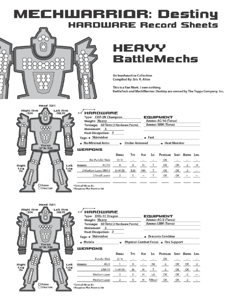 MW-Destiny Record Sheets - Heavy Mechs | PDF
