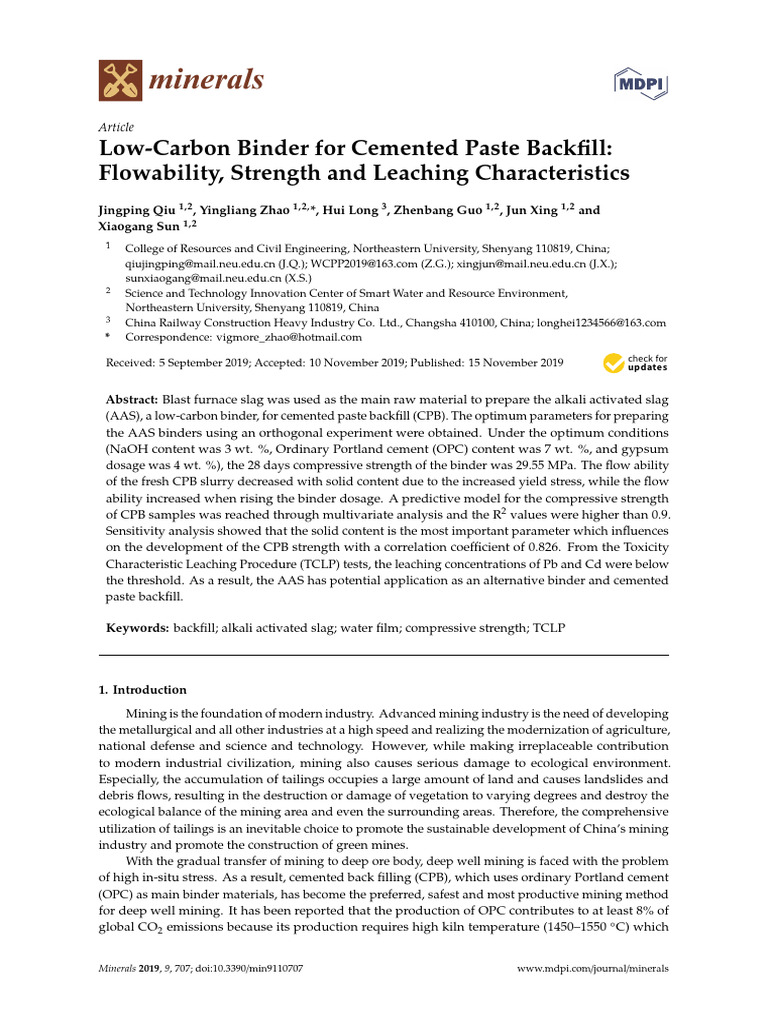 Low-Carbon Binder For Cemented Paste Backfill | PDF | Sodium Hydroxide ...