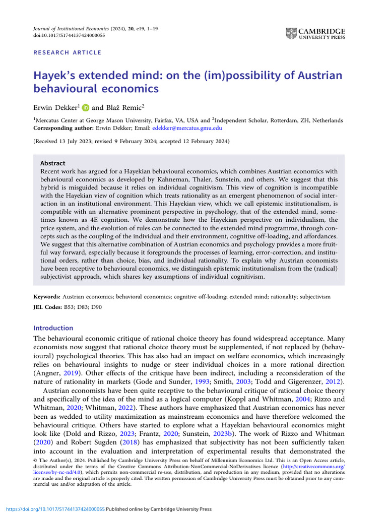 Hayeks Extended Mind On The Impossibility of Austrian Behavioural ...