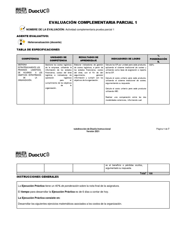 Evaluación Complementaria Parcial 1 - Duoc | PDF | Logística | Evaluación