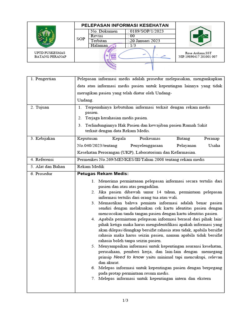 A.8 SOP PELEPASAN INFORMASI KESEHATAN | PDF