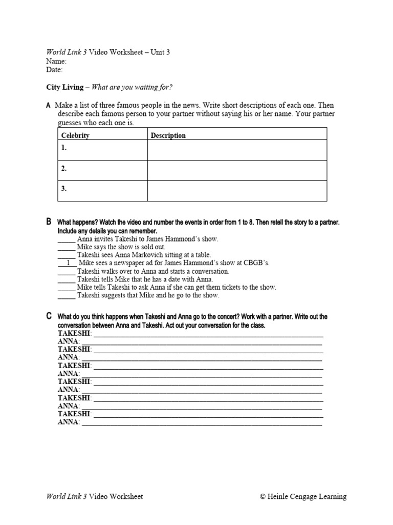 World Link 3 Unit 3 Video Worksheet | PDF | Games & Activities | Home ...