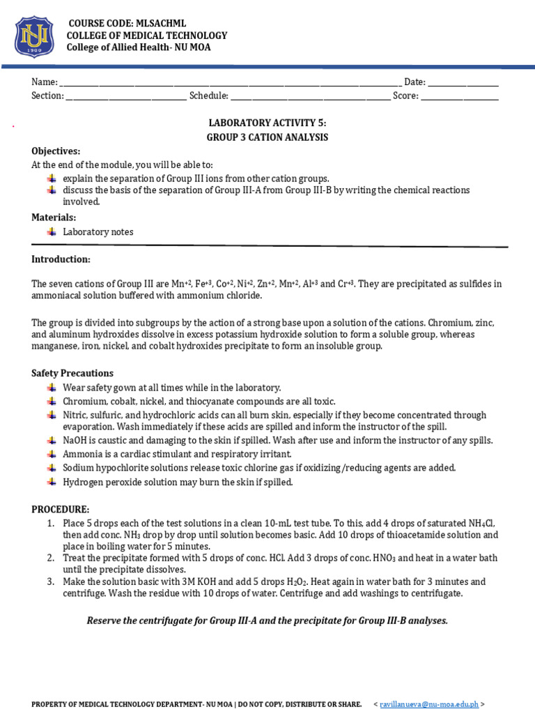 AnaChem Lab 6 - Group 3 Cation Analysis | PDF | Sodium Hydroxide | Chlorine