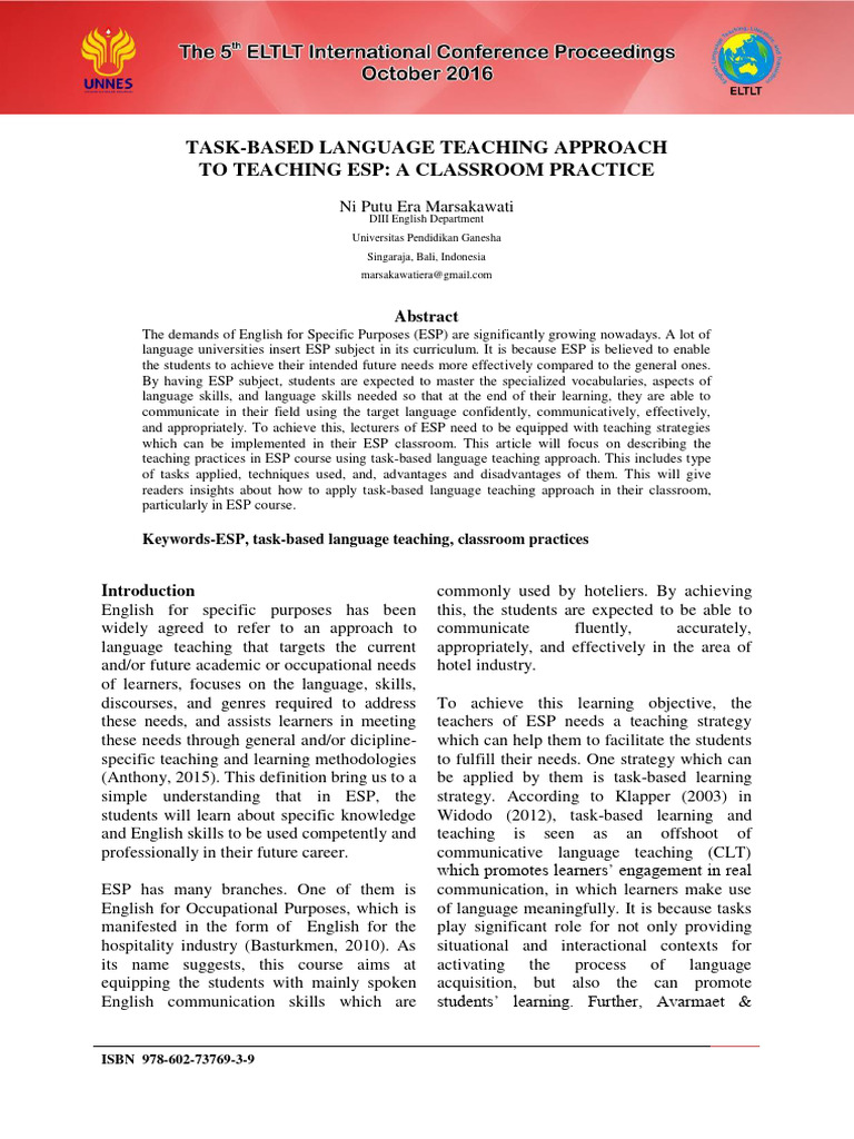 Task Based Language Teaching Approach To Teach ESP | PDF | Language ...