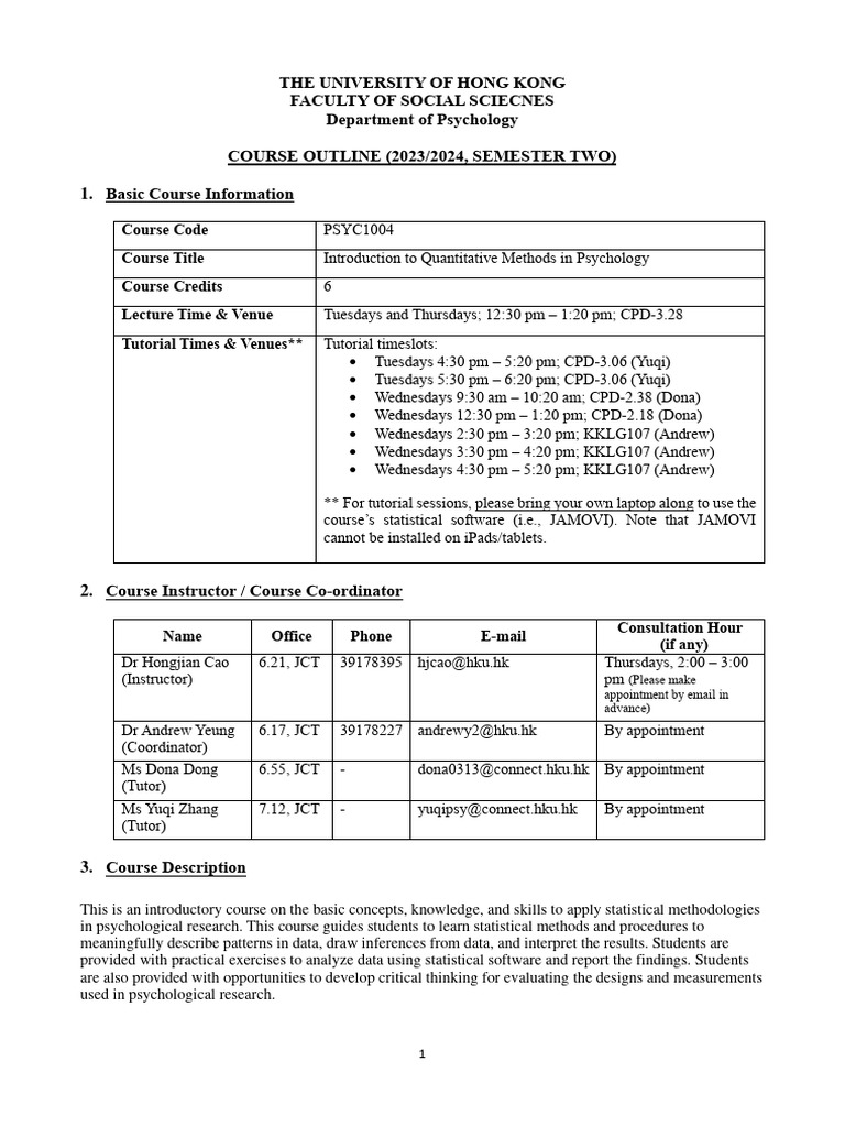 PSYC1004B 23-24 Course Outline | PDF | Statistics | Plagiarism