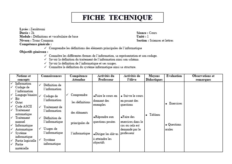 Fiche Pédagogique Informatique Lycée | PDF | Informatique | Codage des ...