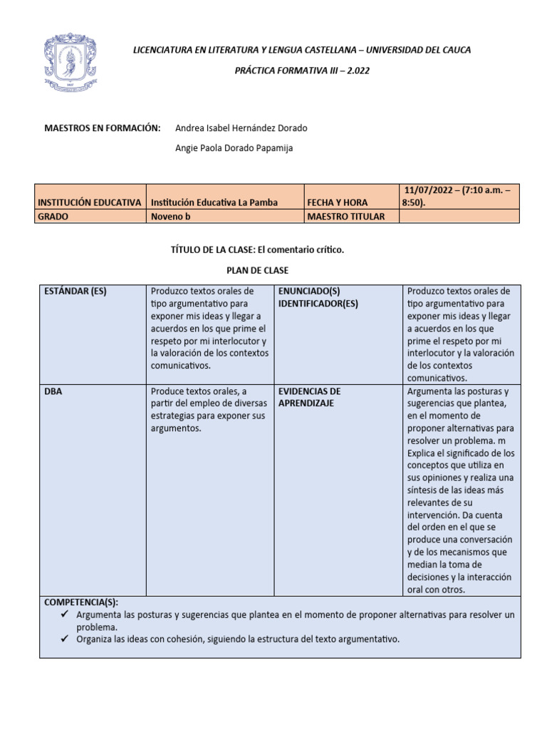 Planeador de Clase. | PDF