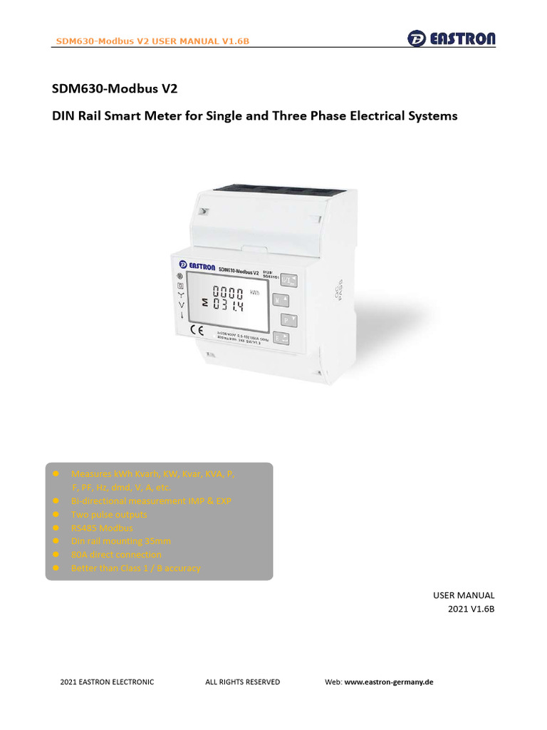 SDM630 Modbus V2 Manual Incl Protocoll | PDF | Ac Power | Menu (Computing)
