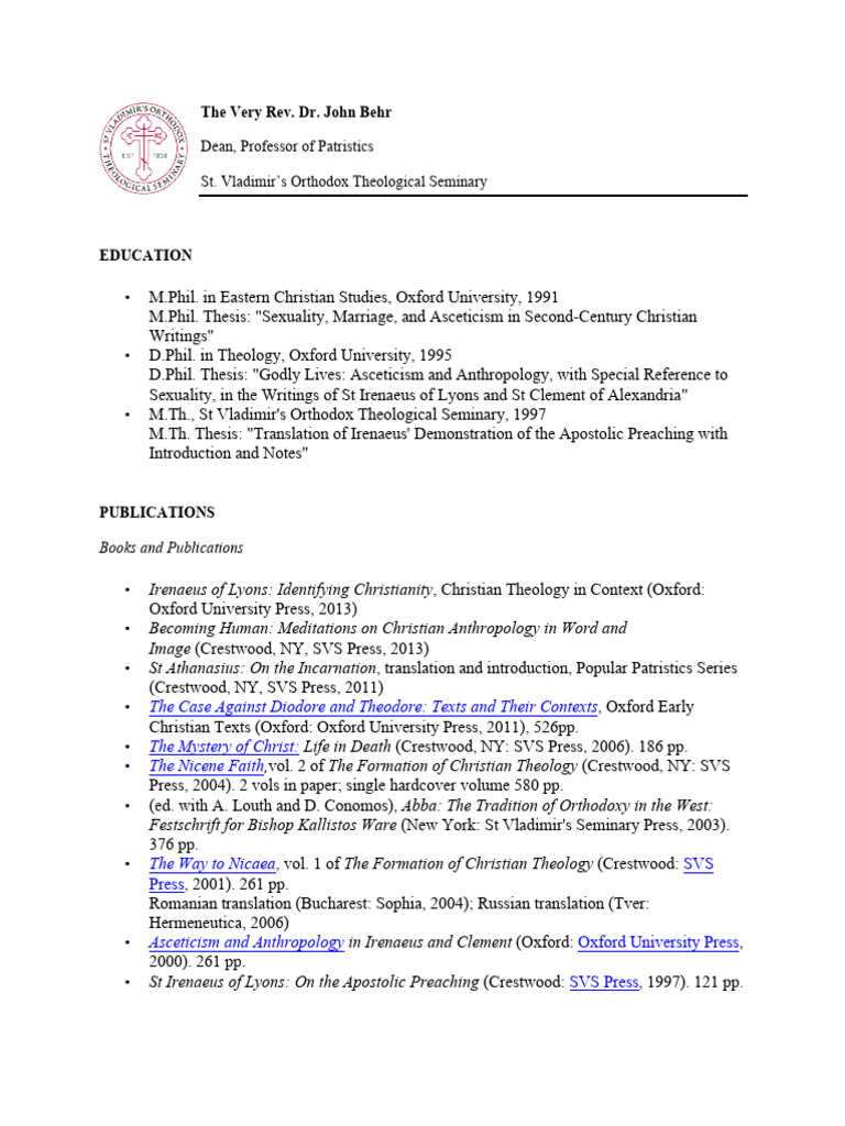 Profile of Fr. John Behr | PDF | Theology | Christian Denominational ...