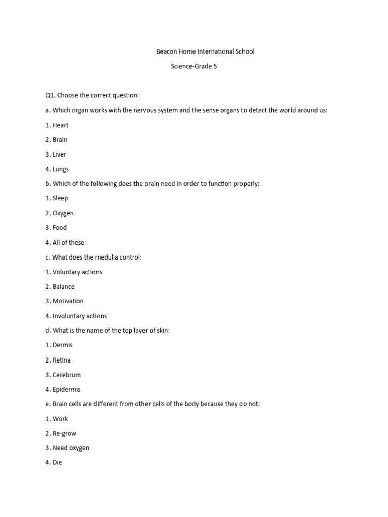 Grade 5 Science Quiz on Germs and the Brain | PDF | Eye | Microorganism