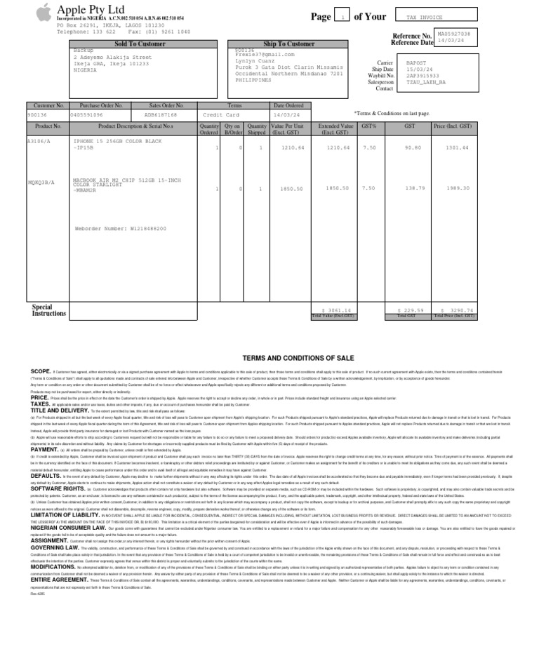 Invoice and Shipment Details For Lynlyn PHILIPPINES | PDF | Proprietary ...