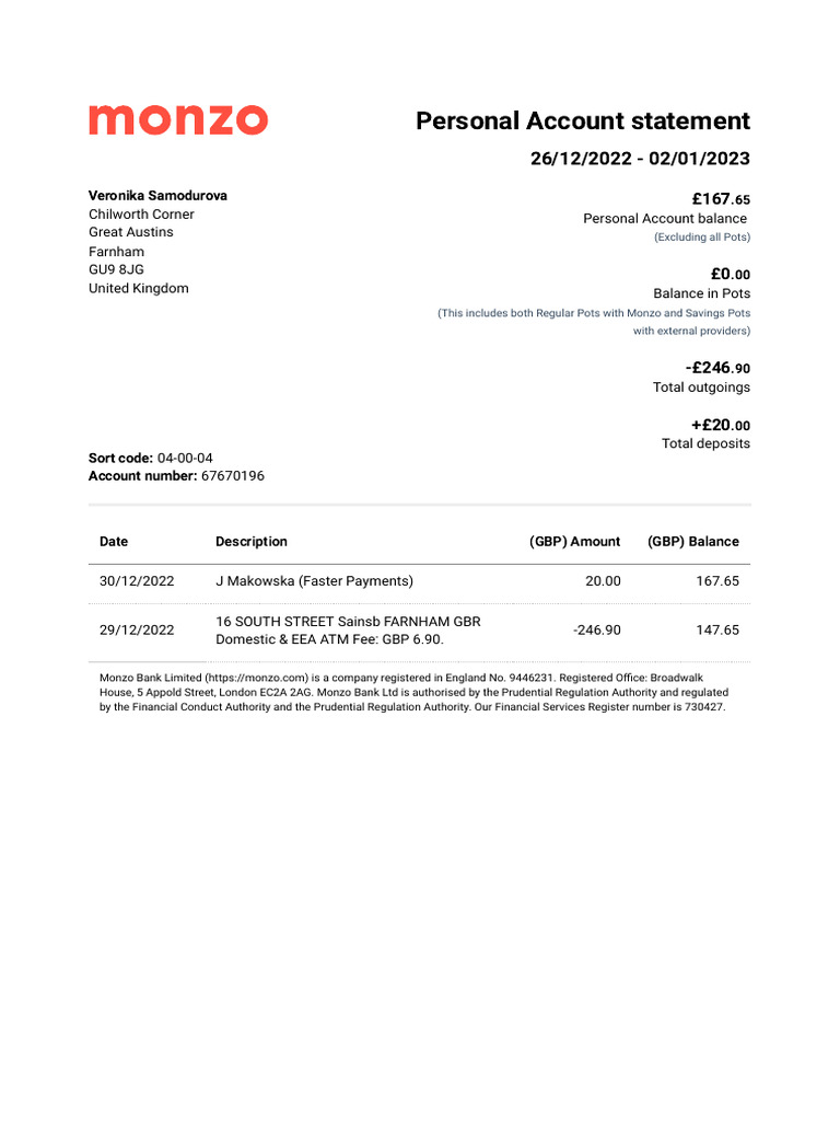 Monzo Bank Statement 2022 12 26-2023 01 02 4294 | PDF | Deposit Account ...
