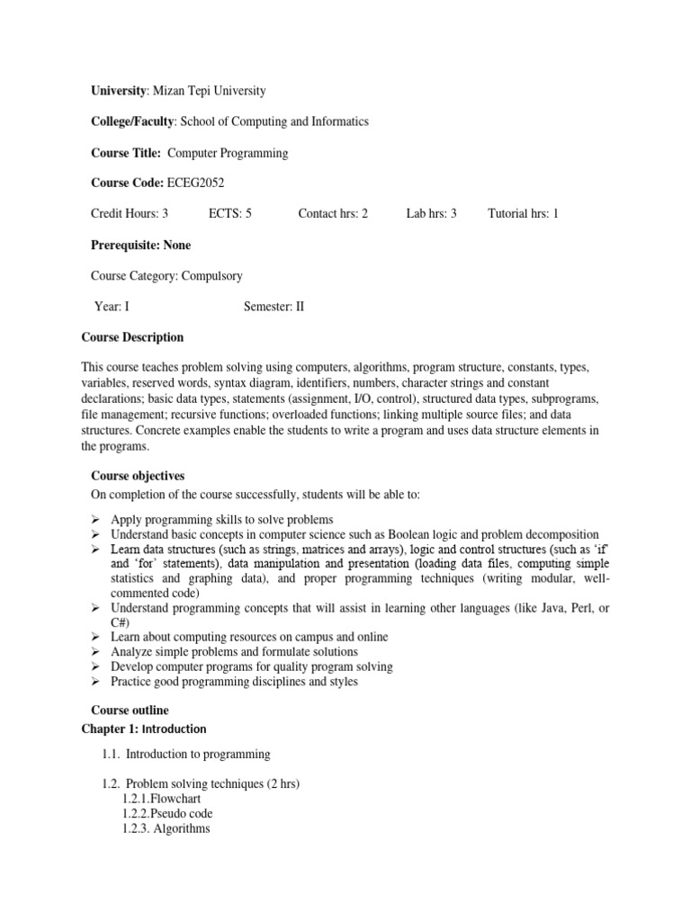 ECEG2052 Course Outline | PDF | Computer Program | Programming ECEG2052 Course Outline | PDF | Computer Program | Programming