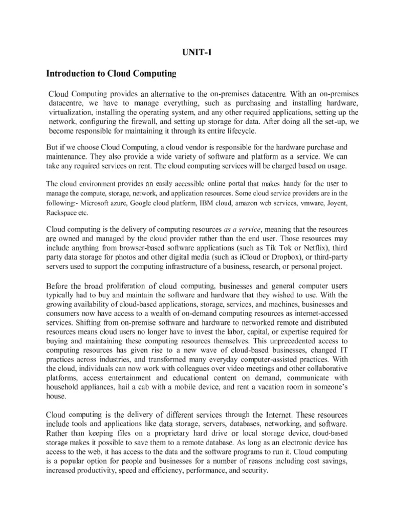 Unit 1 Introduction To Cloud Computing Pdf Cloud Computing Software As A Service