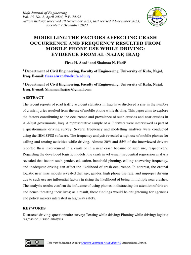 Modelling The Factors Affecting Crash Occurrence and Frequency Resulted From Mobile Phone Use ...