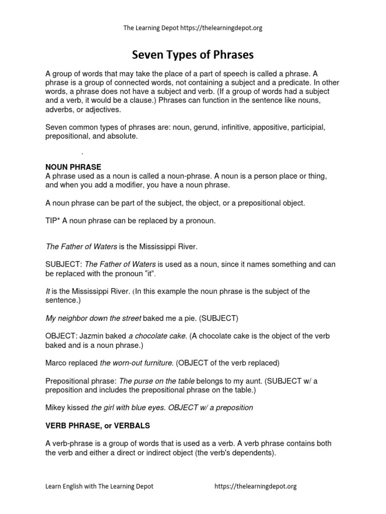 7 Types of Phrases | Download Free PDF | Verb | Adverb