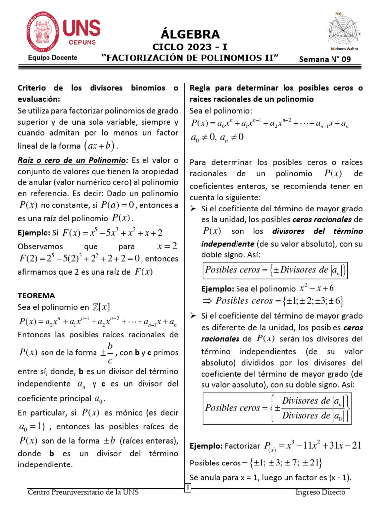 Álgebra Sem 09 - 2023 I | PDF | Factorización | Aritmética