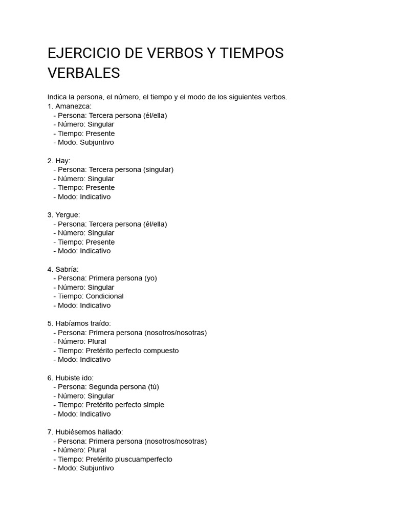 Ejercicio de Verbos y Tiempos Verbales | PDF | Morfología Lingüística ...