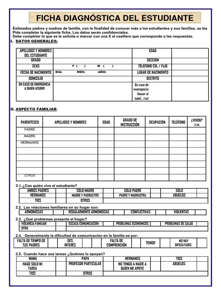 Ficha Diagnostica Del Estudiante 2023 | PDF