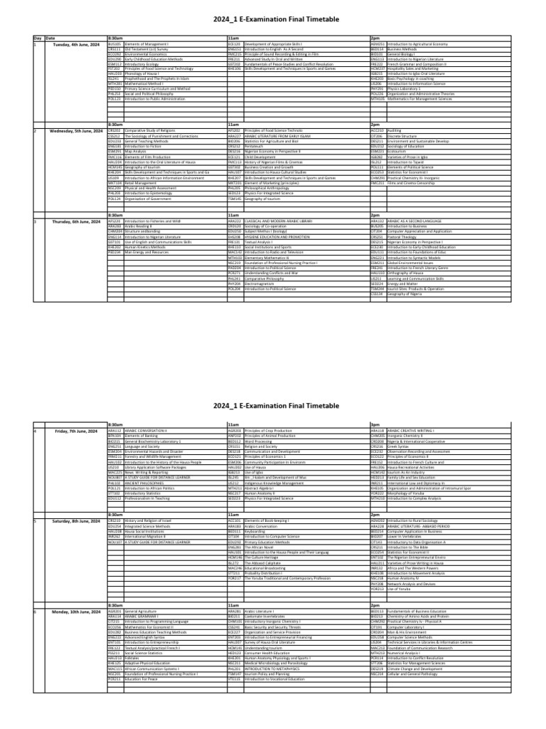 2024 1 Eexam Final Timetable | Download Free PDF | Science | Sociology