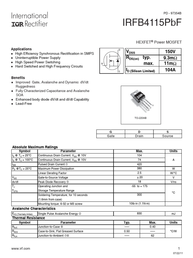 Irfb 4115 PBF | PDF | Field Effect Transistor | Electric Power