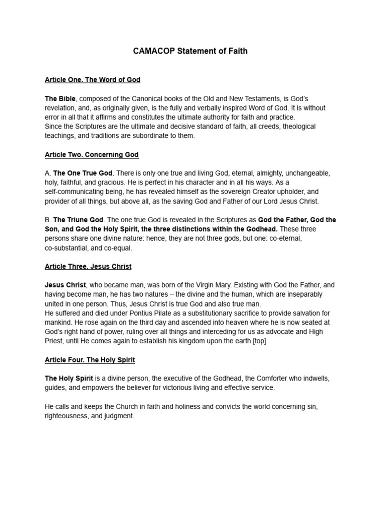 CAMACOP Statement of Faith | PDF | Jesus | Salvation