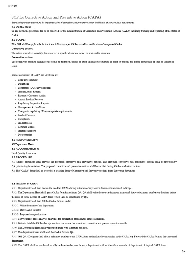 CAPA SOP for Pharmaceutical Departments | PDF | Quality | Business