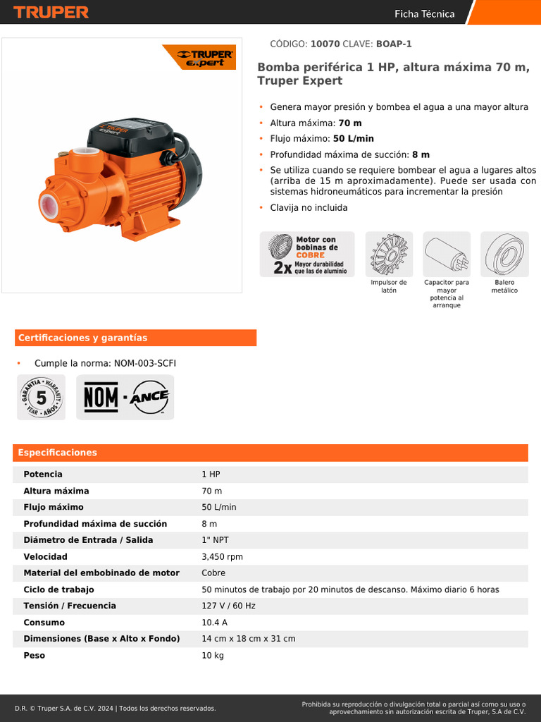 Bomba Periférica 1 HP, Altura Máxima 70 M, Truper Expert: CÓDIGO: 10070 ...