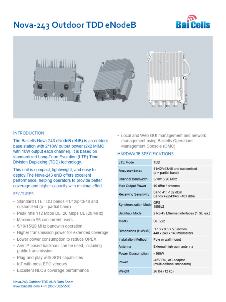 Nova-243 - OD - TDD - eNB - Data - Sheet (SRv1.8 - 15-Jan-2019) | PDF | Lte (Telecommunication ...