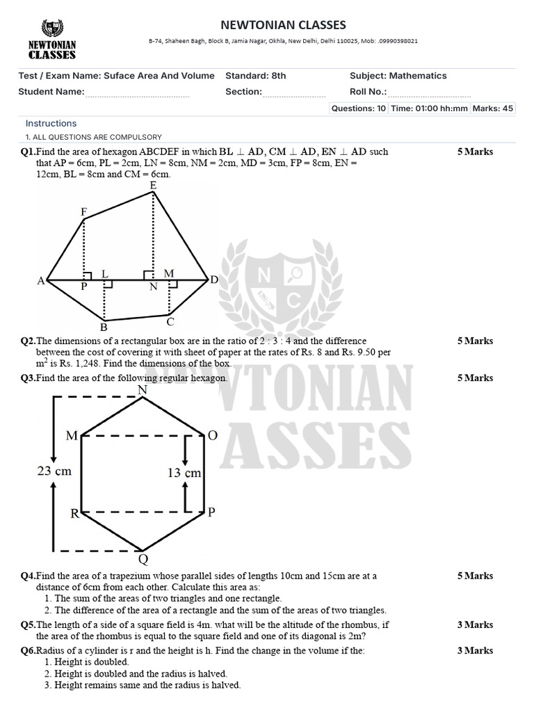Class 8 Mensuration Test Paper | PDF | Area | Geometry