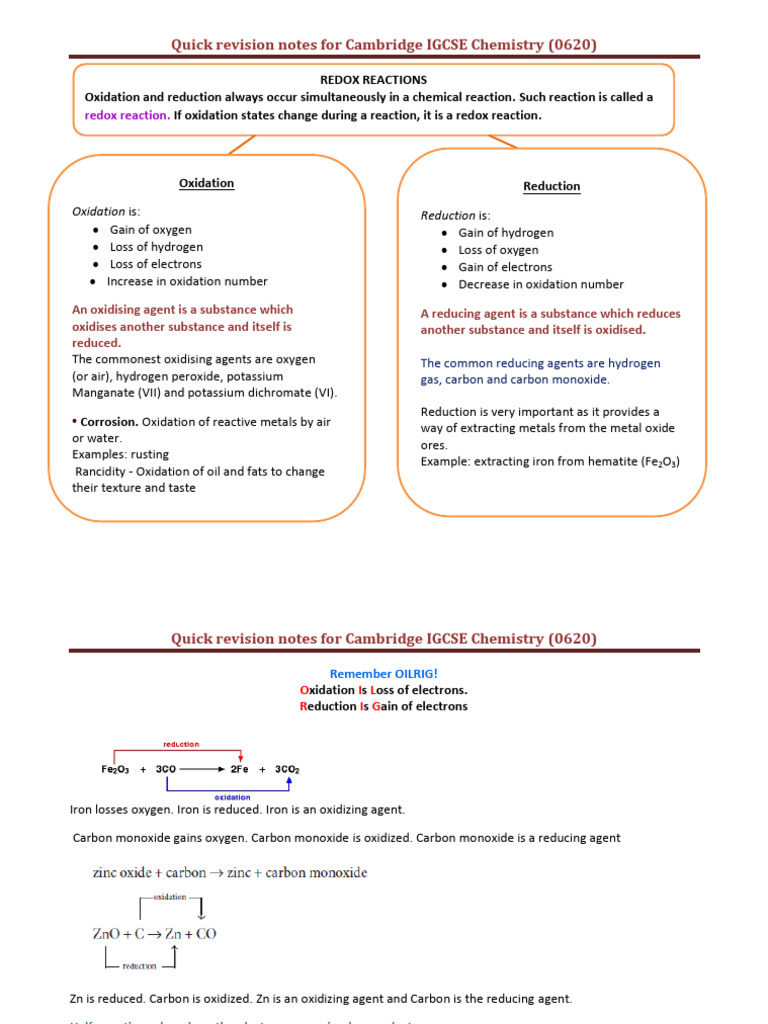 Quick Revision Redox Reactions | PDF | Redox | Iron